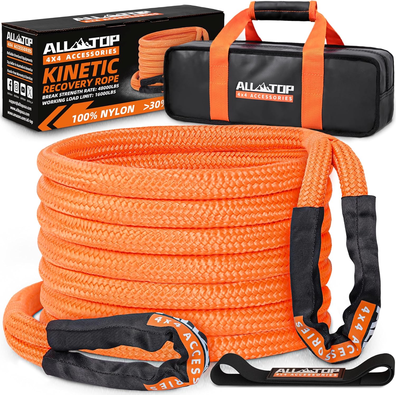 Kinetic Recovery Rope - 1in x 30ft - 48,000 Lbs - Orange | ALL-TOP